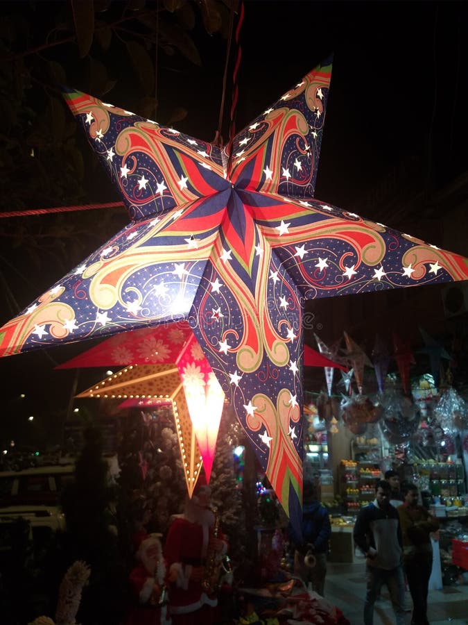 Christmas Tree Star Decoration Night Scene Beautiful Editorial Stock ...