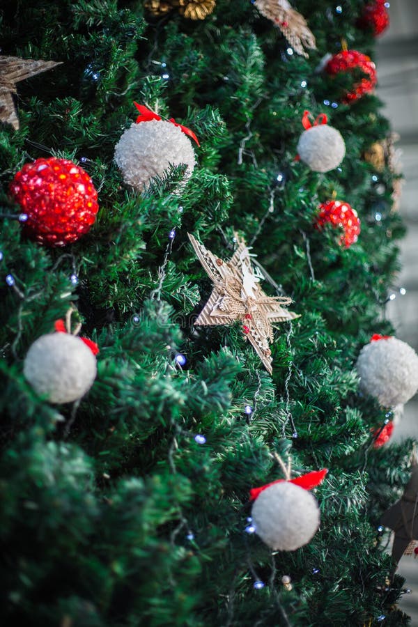 Christmas Tree with Star and Red Toys Stock Photo - Image of tree ...