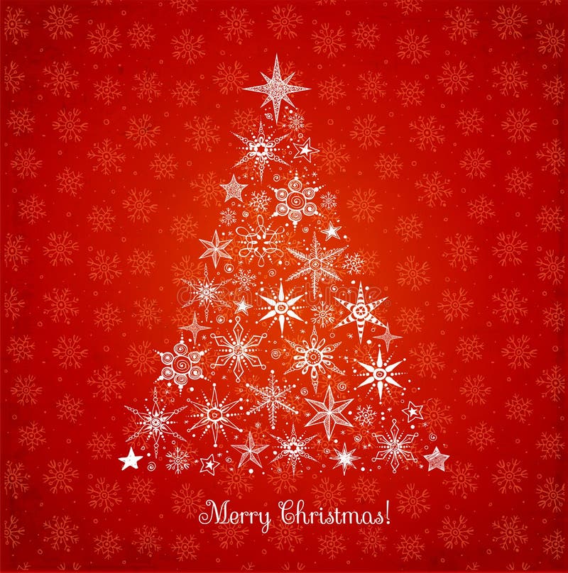 Christmas Tree with Stars and Snowflakes on Red Background Stock Vector ...