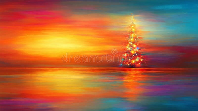 Christmas Tree Sunset Seascape Artistic Painting Stock Illustration ...