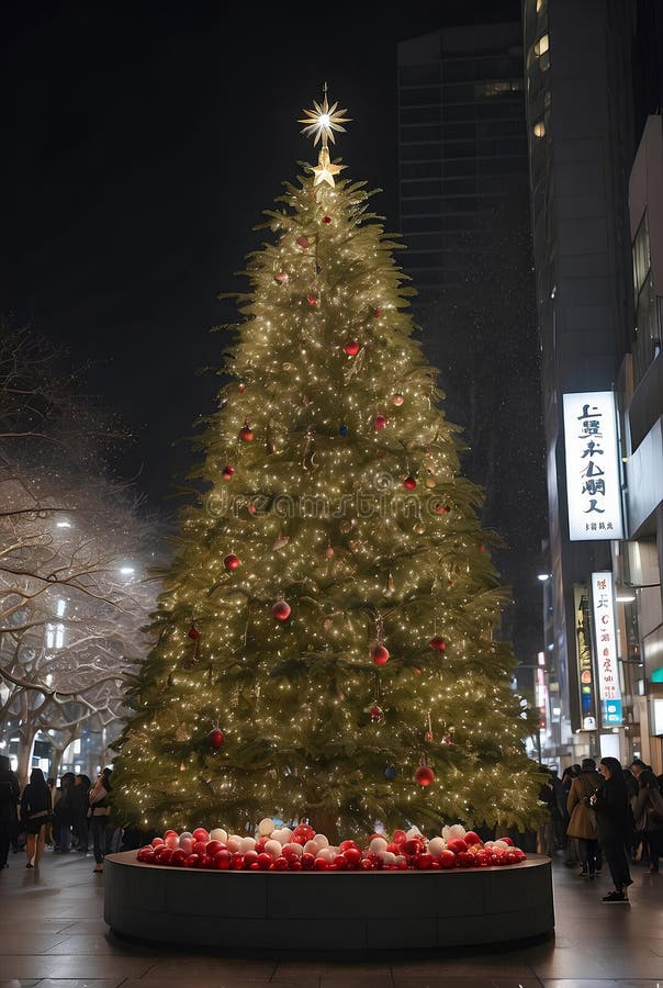 Christmas Tree in Tokyo with Beautiful Night Light Stock Illustration ...