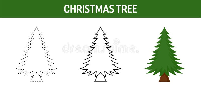 Christmas Tree Tracing and Coloring Worksheet for Kids Stock ...