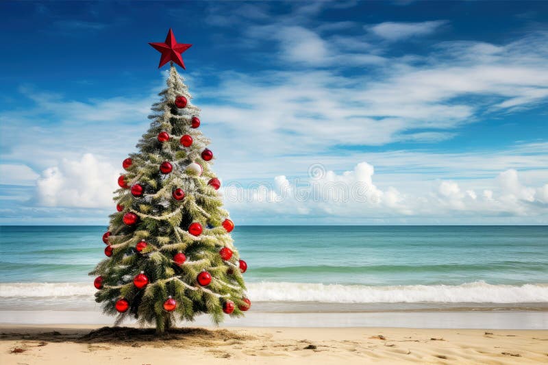 Christmas Tree on Tropical Beach with Ocean View Stock Image - Image of ...