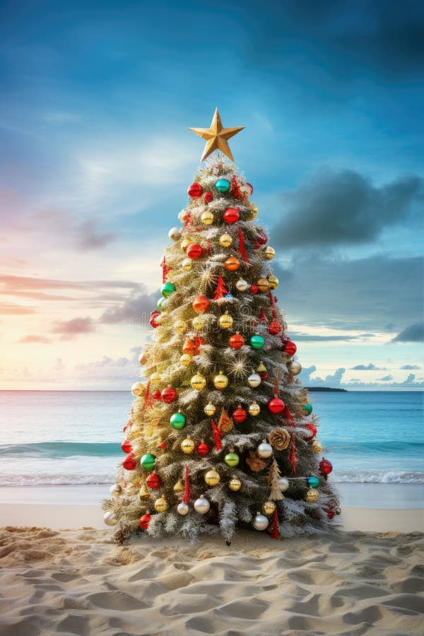 Christmas Tree on Tropical Beach with Ocean View at Sunset Stock ...
