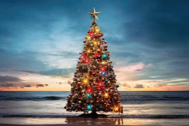 Christmas Tree on Tropical Beach with Ocean View at Sunset Stock ...