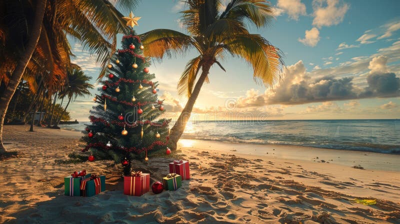 Christmas Tree on Tropical Beach at Sunset with Palm Trees and Presents ...