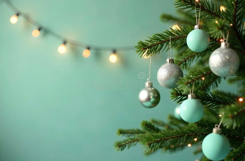 Christmas Tree with Turquoise and Silver Ornaments Alongside Glowing ...