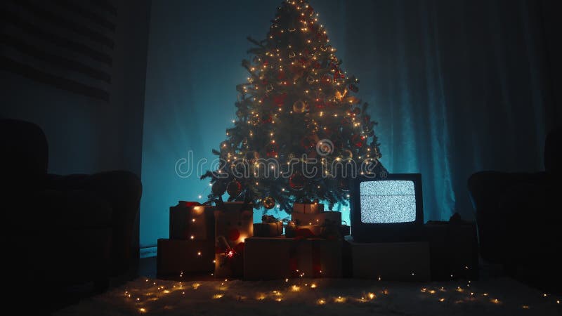 Christmas Tree and Tv with Static Noise in the Room Stock Footage ...