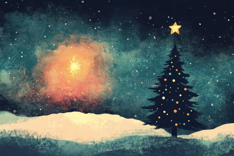 Christmas Tree Under a Starry Night with a Glowing Star Stock Image ...