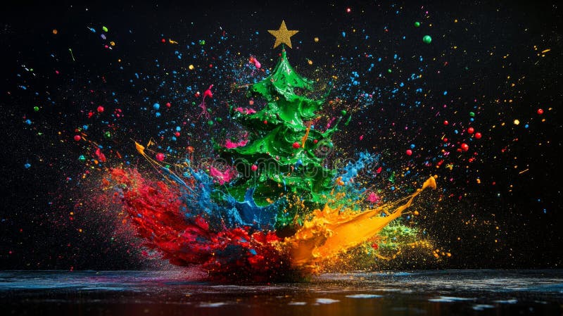 Christmas Tree with Vibrant Paint Splash Explosion, Festive Abstract ...