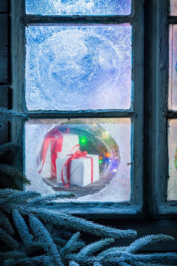 Christmas Tree View from Frozen Window at Night Stock Photo - Image of ...