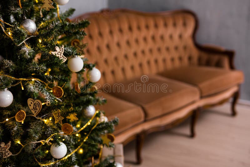 Christmas Tree and Vintage Sofa in Living Room Stock Photo - Image of ...