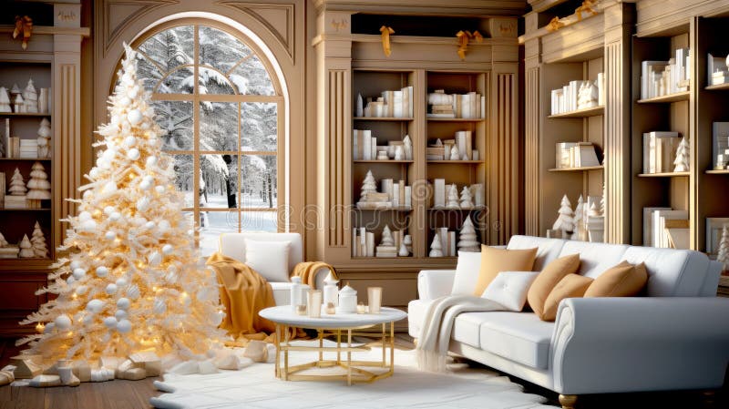 Christmas Tree with and White Decorated and Gift Boxes in Cozy Living ...