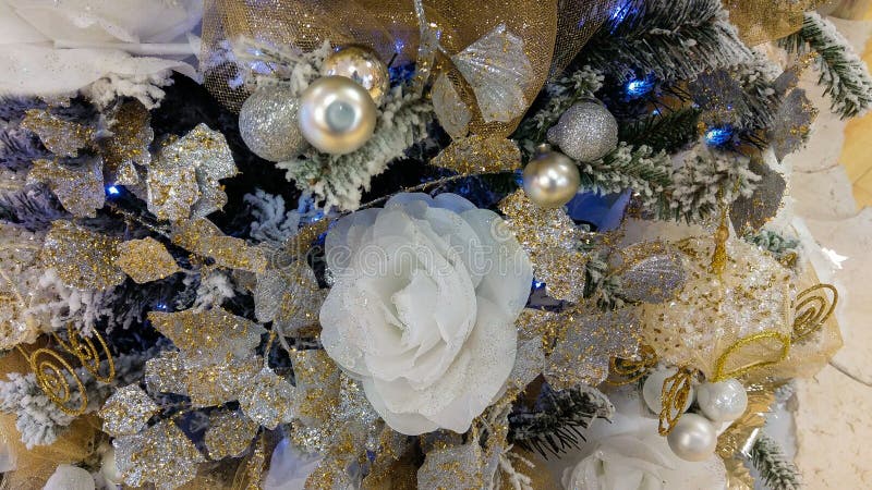 Christmas Tree with White Rose and Silver Decorations Stock Photo ...