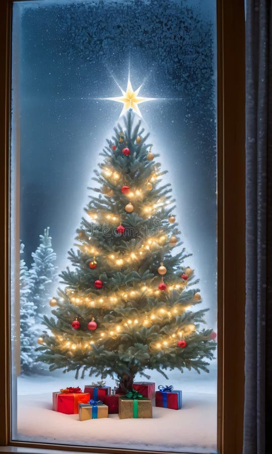 A Christmas Tree in a Window with a Star on Top. Generative AI Stock ...
