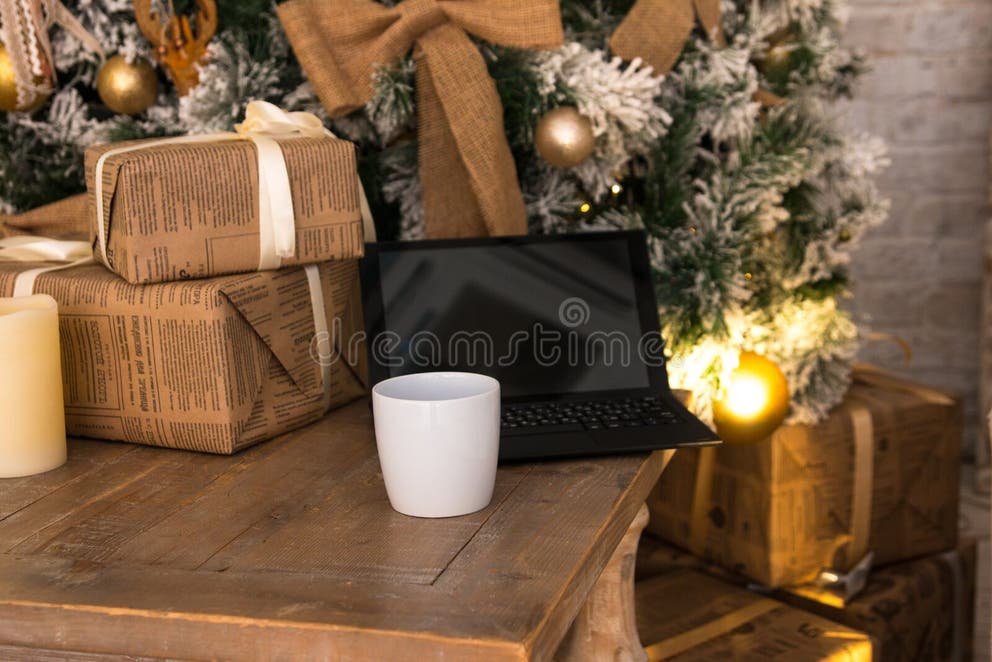 Christmas Tree Work on Holidays. Stock Image - Image of device, detail ...