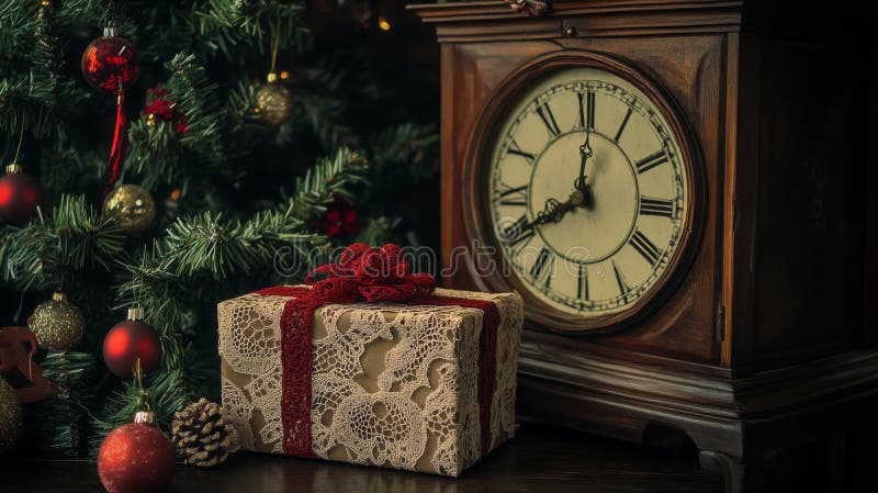Christmas Tree, Wrapped Gift, and Antique Clock Stock Illustration ...