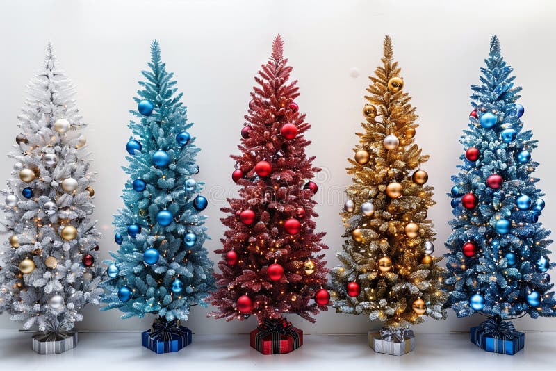 Christmas Trees Decorated in Different Colors Isolated on White Stock ...