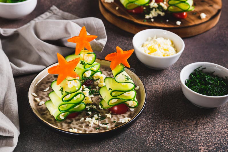 Christmas Trees Made Cucumber Cherry Tomatoes Skewers Plate Table Stock ...