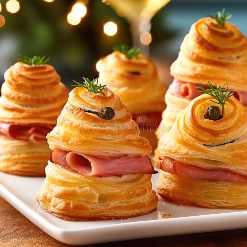 Christmas Trees from Puff Pastry with Ham Stock Photo - Image of ...