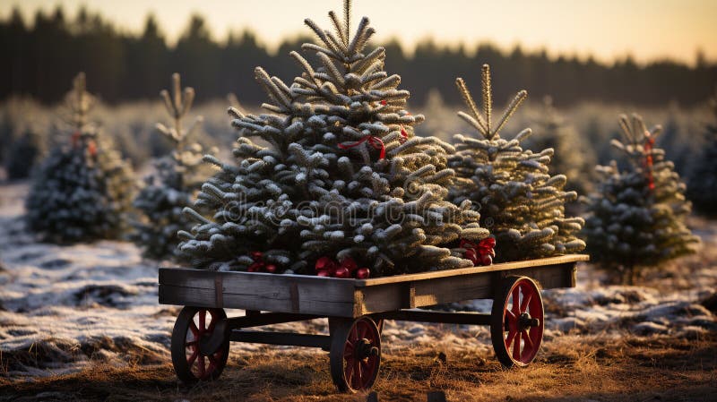 Christmas Trees with Red Decorations Placed on the Tree Farm Cart ...