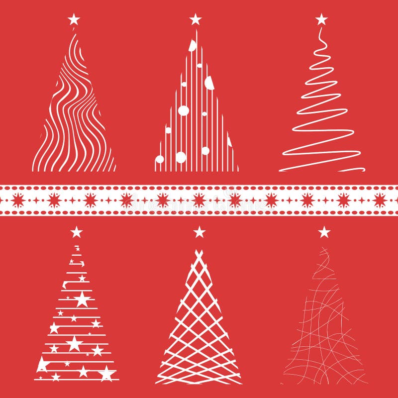 Christmas Trees Set. Hand Drawing Line Graphic Tree on Red Background ...