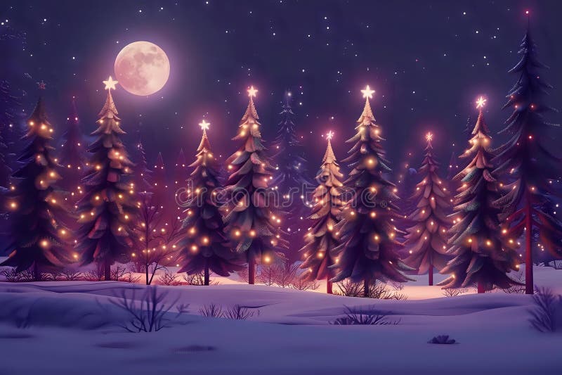 Christmas Trees, Stars, Winter, and Moonlight: a Festive Night Scene ...