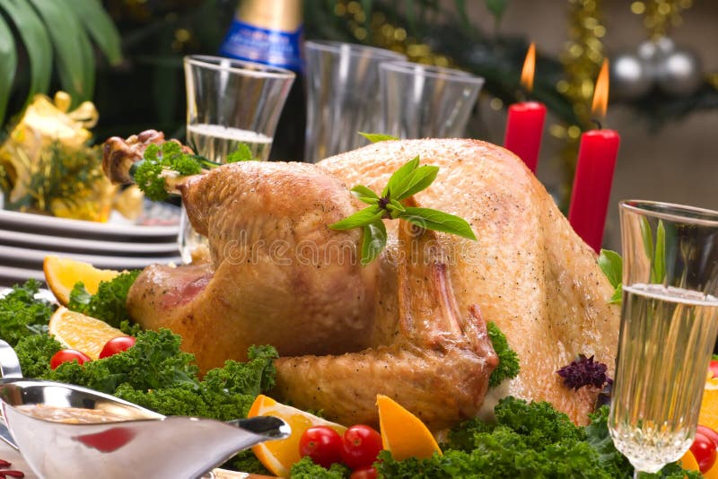 Christmas Turkey on Holiday Table Stock Image - Image of garnished ...