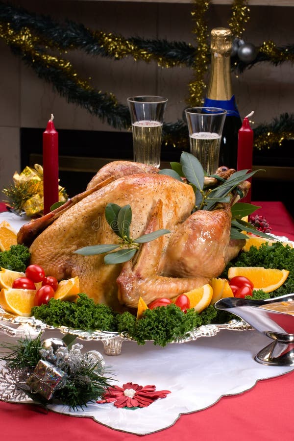 Christmas Turkey on Holiday Table Stock Image - Image of garnished ...