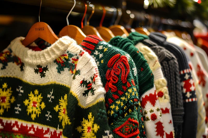 Christmas Ugly Sweaters in Shop, Close Up Stock Image - Image of winter ...