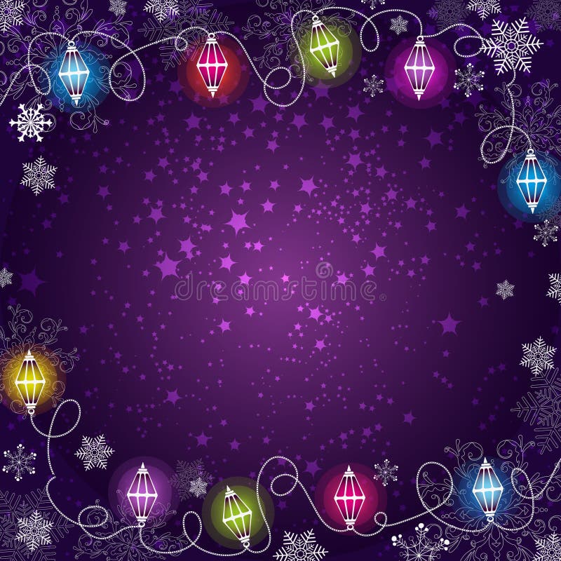 Christmas Vector Dark Blue Gradient Frame with Lights, Stars Stock ...