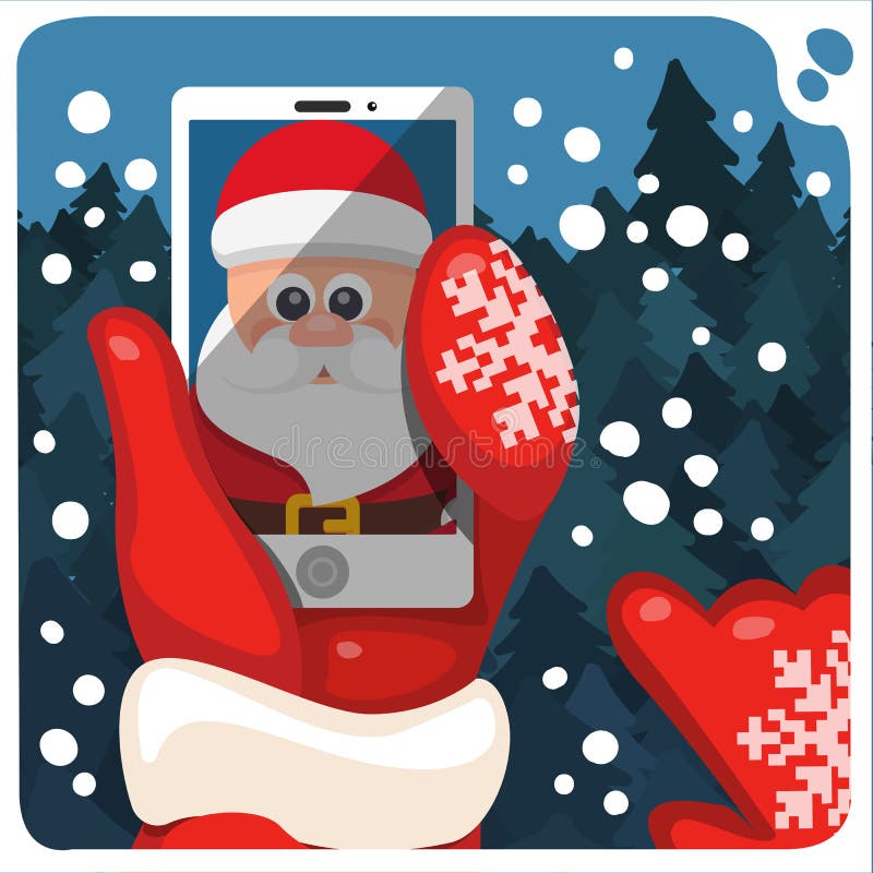 Christmas Vector Illustration with Santa`s Hands Selfie and Mobile ...