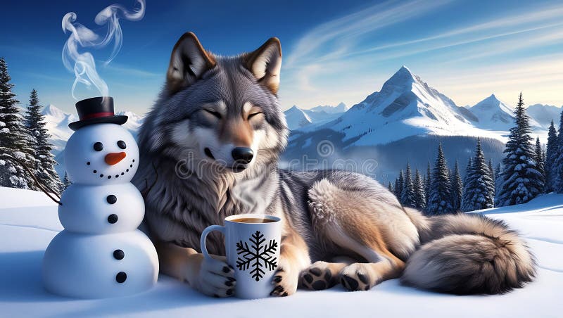 Night Snow Magic with Wolf and Coffee Snowman Stock Illustration ...
