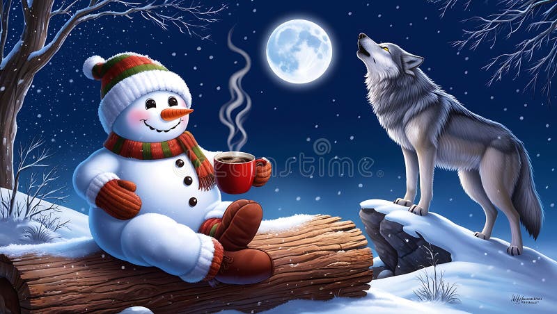 Cozy Coffee Moments with Snowman and Christmas Wolf Magic Stock ...