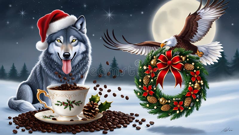 Snowy Christmas Wolf and Coffee with Santa Hat Charm Stock Illustration ...