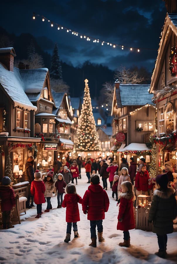 Christmas Village with Beautiful Lights and Children Stock Illustration ...