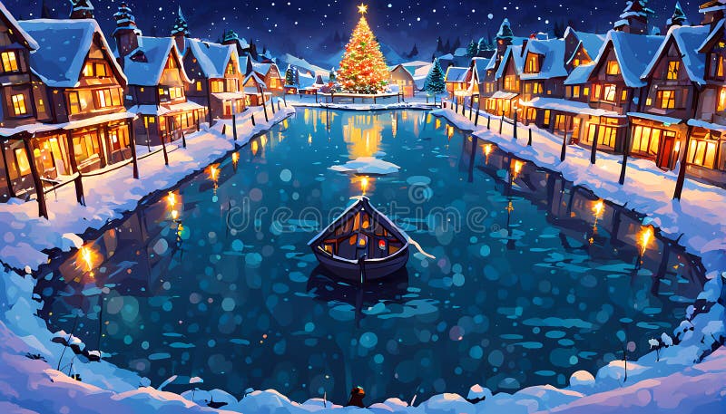 Christmas Village with Lit Tree and Boat on Snowy River Stock ...