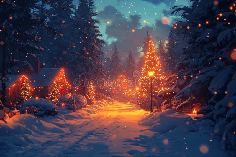 Christmas Village Path at Night during a Snowfall, Lit by String Lights ...