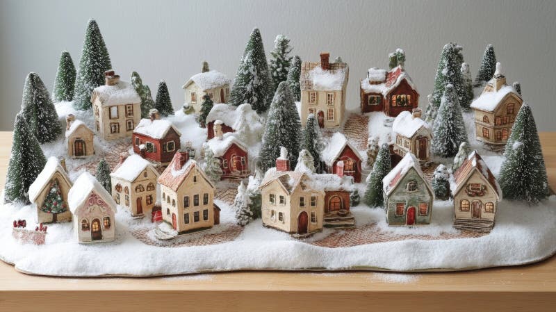 Christmas Village Scene with Snow and Tiny Houses on a Table Stock ...