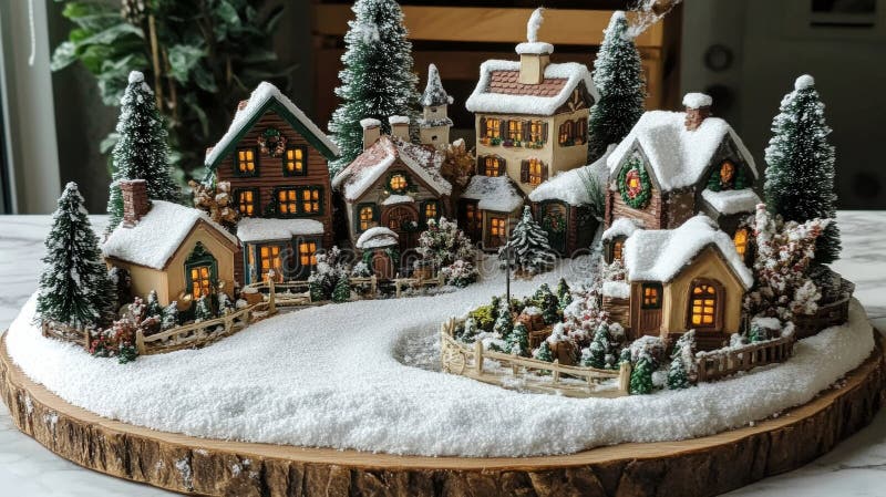 Christmas Village Scene with Snow and Tiny Houses on a Table Stock ...