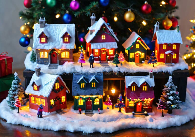 A Christmas Village Set Up Under a Tree, with Colorful Lights ...