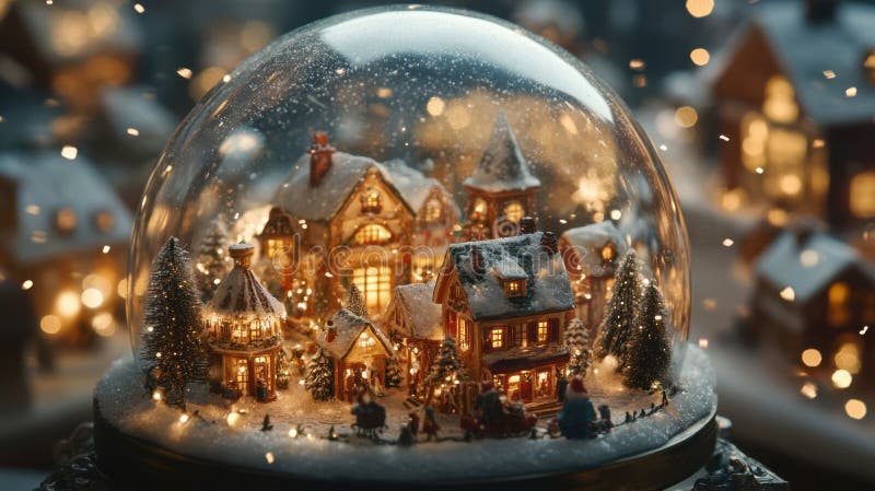 Christmas Village Under a Sparkling Glass Dome with Falling Snow Stock ...