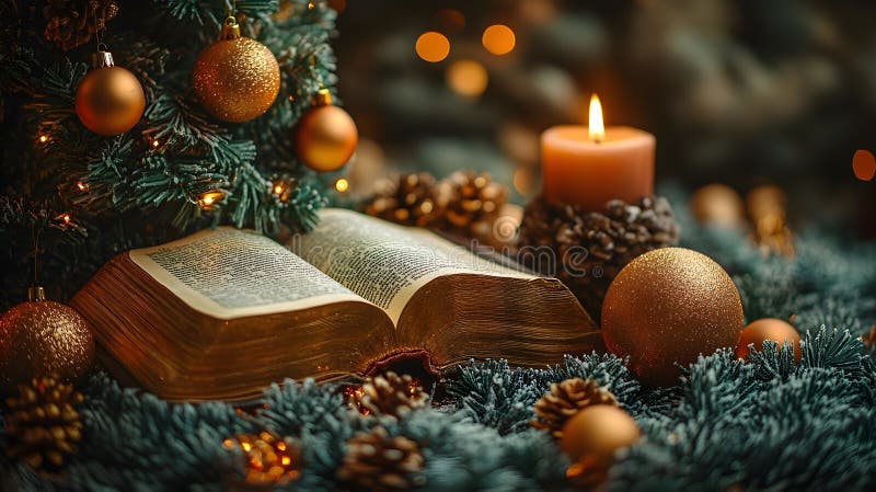 Bible Book and Christmas Decorations Wallpaper Background Stock Photo ...