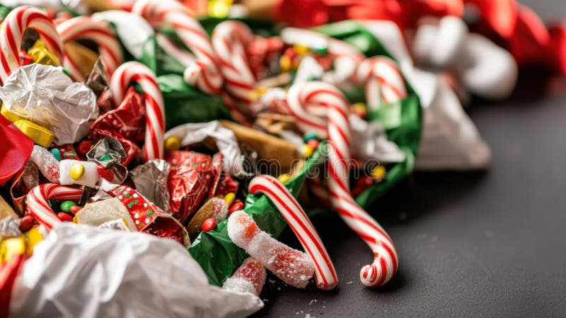 Overflowing Pile of Broken Candy Canes and Wrappers on Dark Surface ...