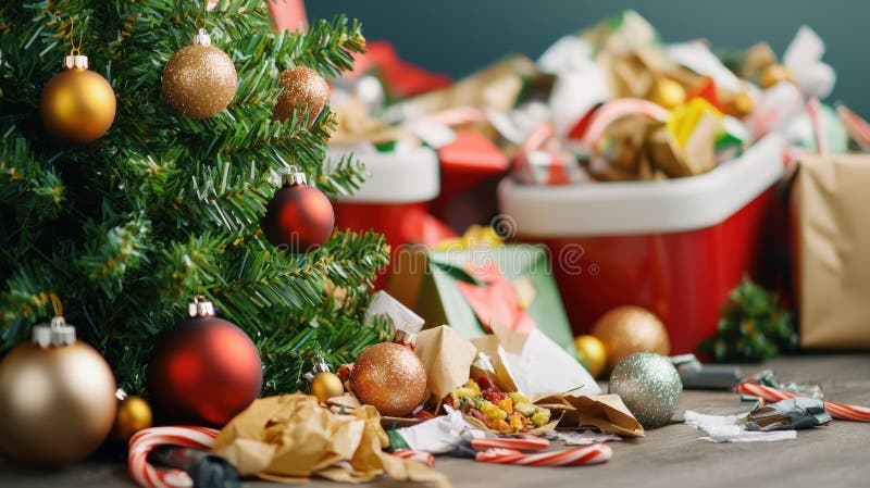 Christmas Tree beside Overflowing Trash Bins with Festive Waste and ...
