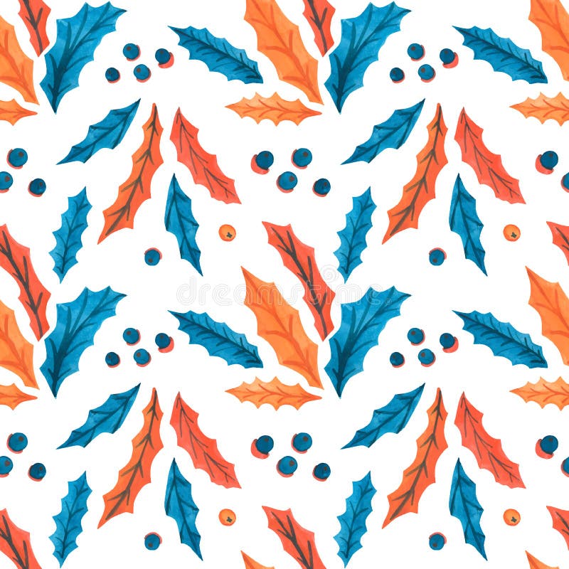 Christmas Watercolor Seamless Patterns with Holly Leaves and Berries ...