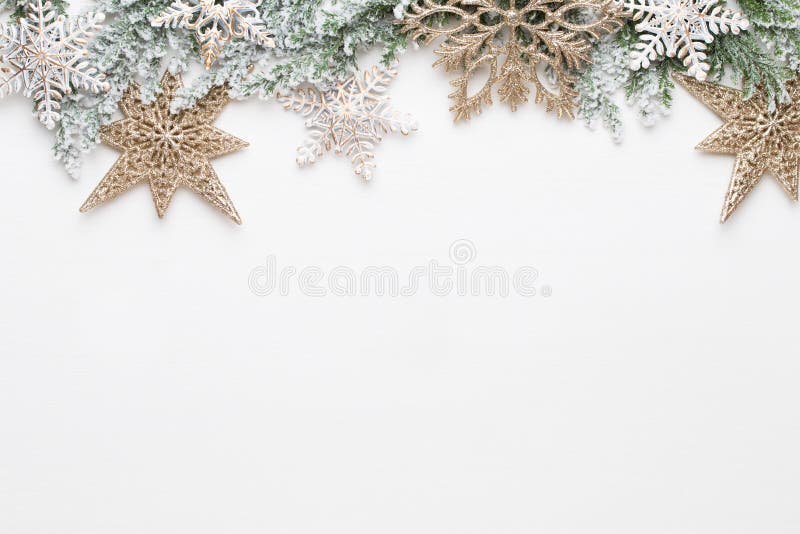 Christmas White Fir Tree Branches with Gold Stars Decorations Stock ...