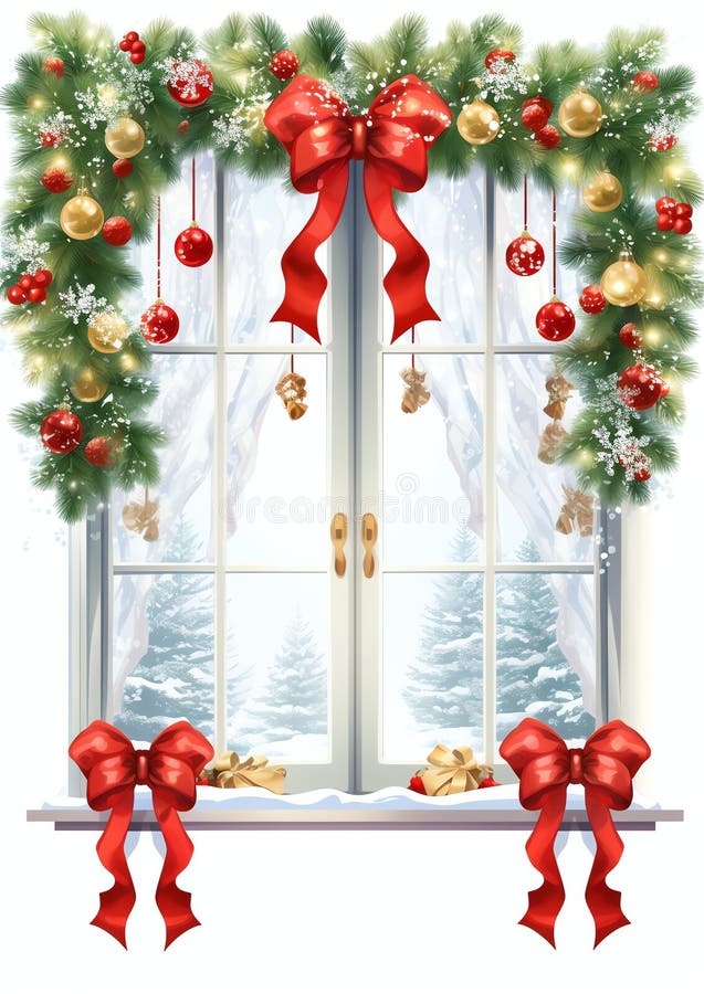 Christmas Window Decorations Watercolor Winter Border Stock ...
