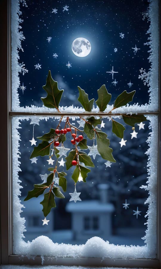 Christmas Window with Holly and Stars. Generative AI Stock Illustration ...
