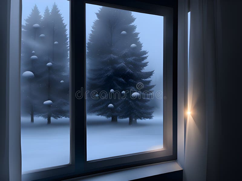 Christmas Window with Snow and Trees Stock Illustration - Illustration ...